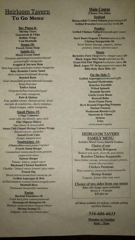 Menu at Heirloom Tavern pub & bar, Glen Head