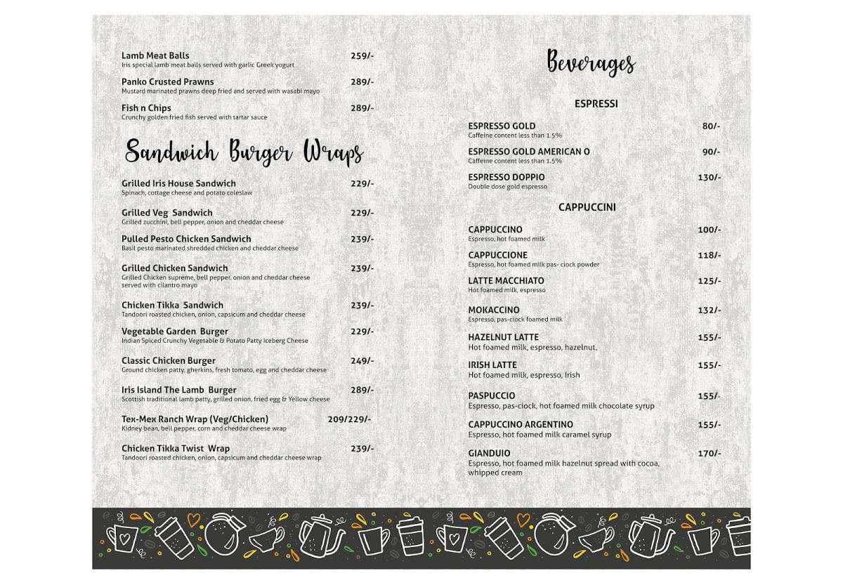 Menu at Iris Cafe, Bengaluru, 17/J
