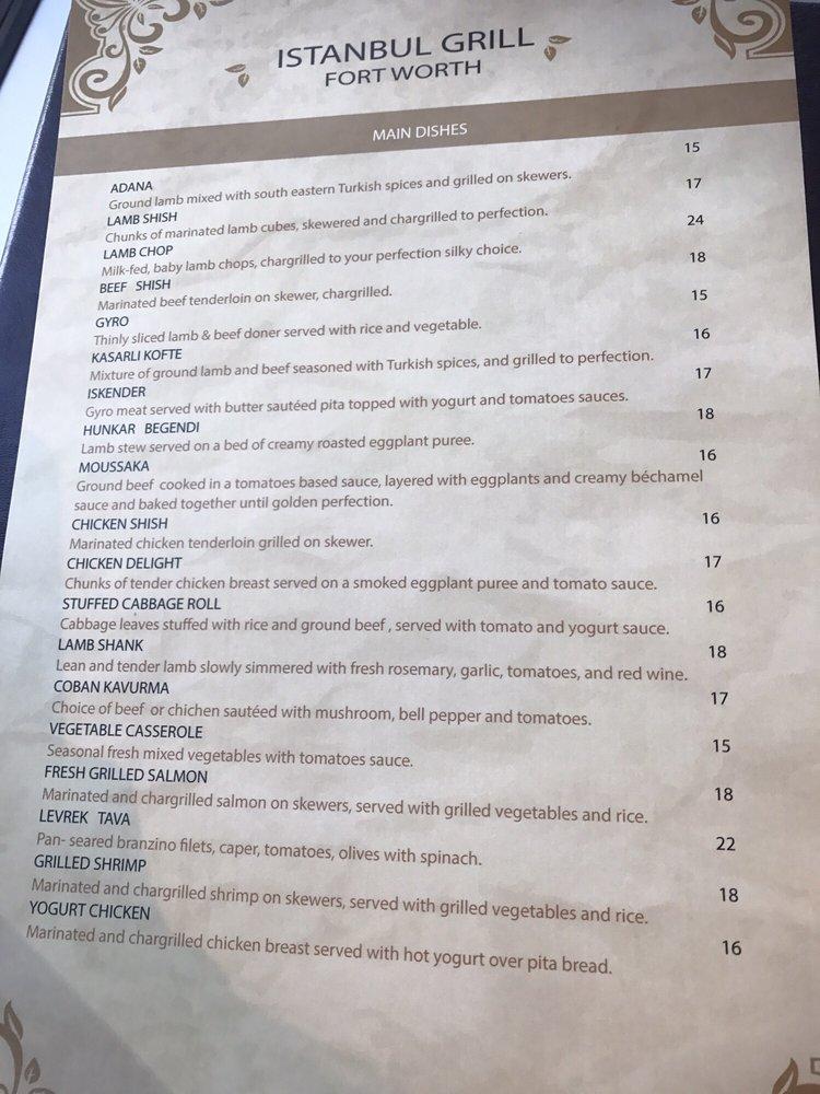 Menu at Istanbul grill & bar, Fort Worth