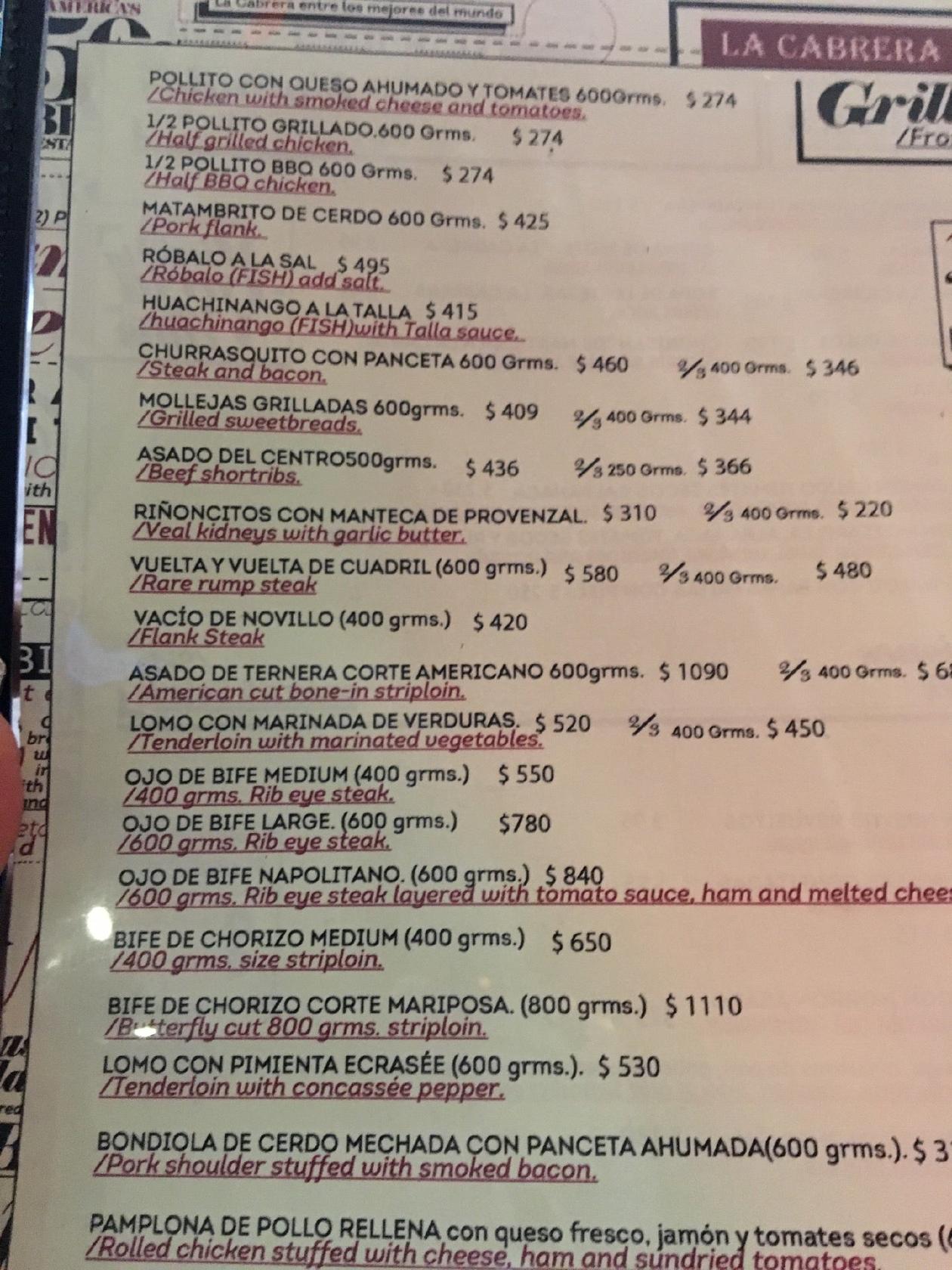 Carta del restaurante La Cabrera, Ciudad López Mateos, Avenida Ejercito ...