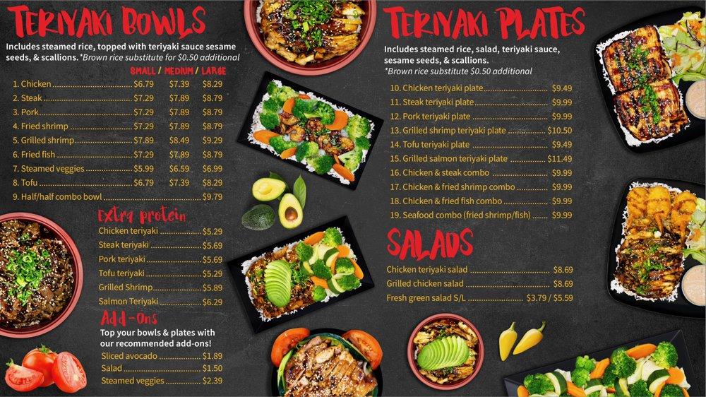 Menu at Teriyaki J’s restaurant, Downey