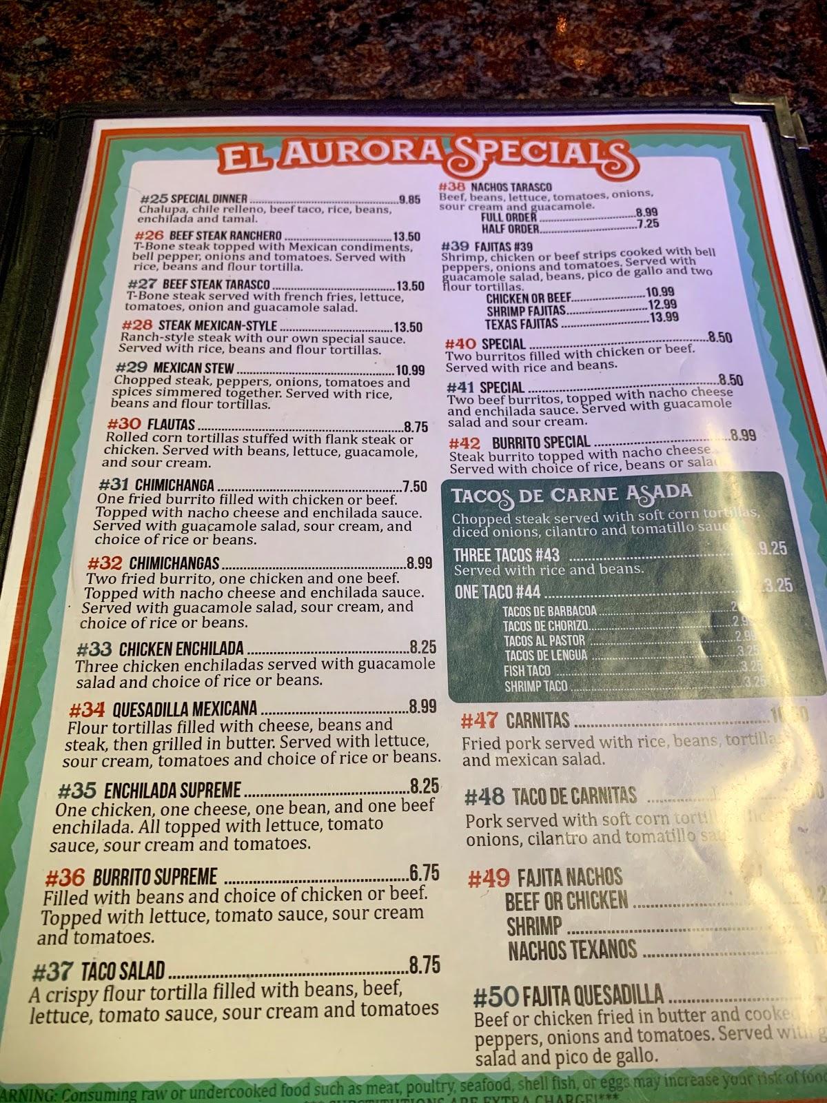Menu at Aurora Mexican Restaurant, Barnesville