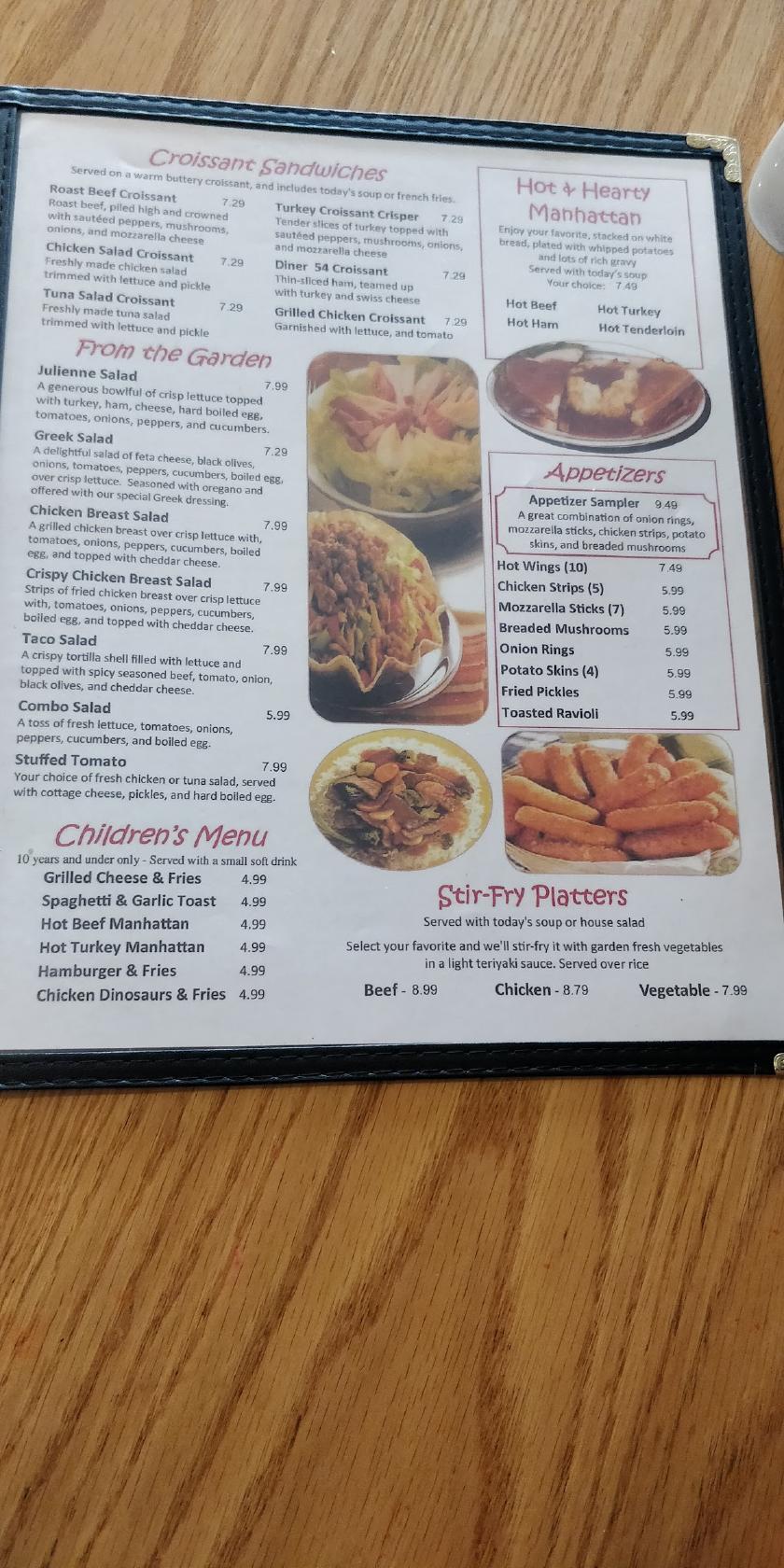 Menu at Diner 54 restaurant, Mexico