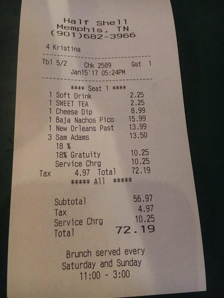 Menu at Half Shell restaurant, Memphis, 688 S Mendenhall Rd