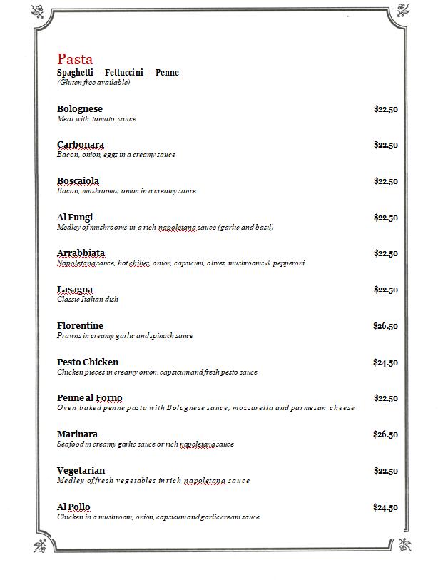 Menu at IL Colosseo pizzeria, Taree