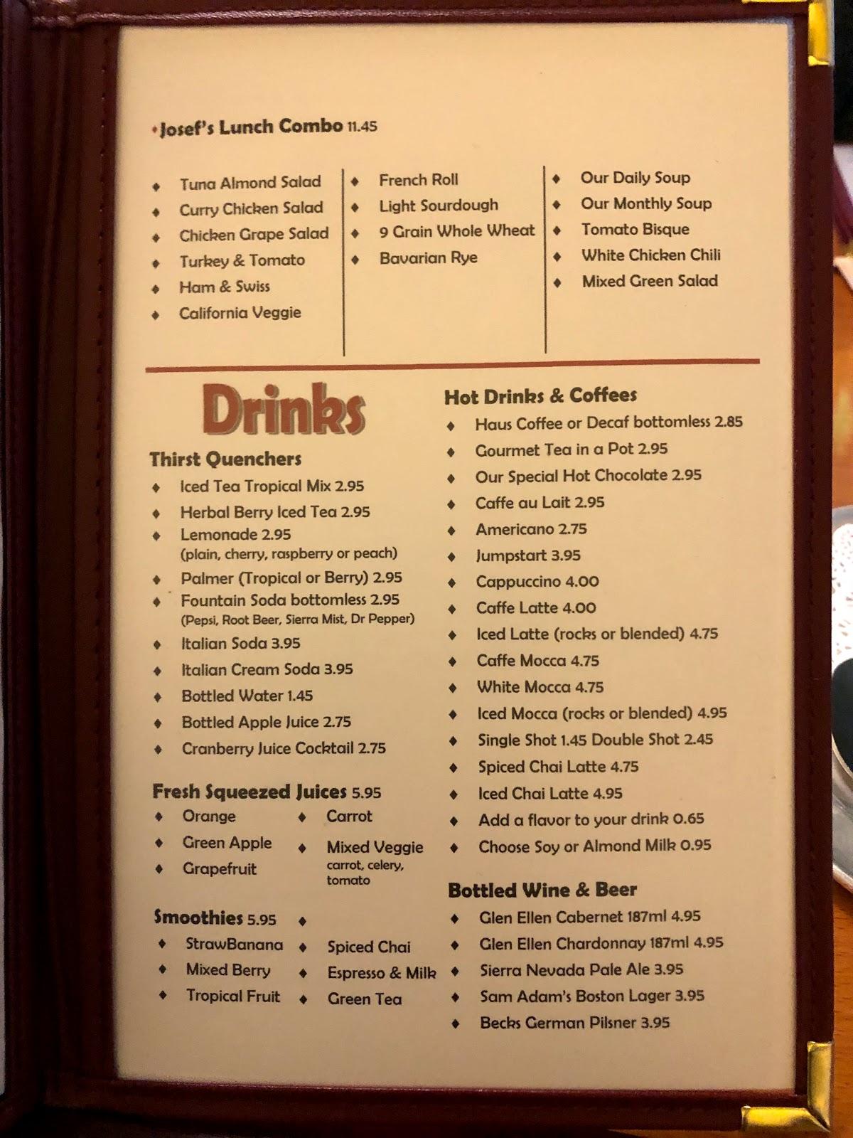 Menu at Josef's Vienna Bakery & Cafe, Reno