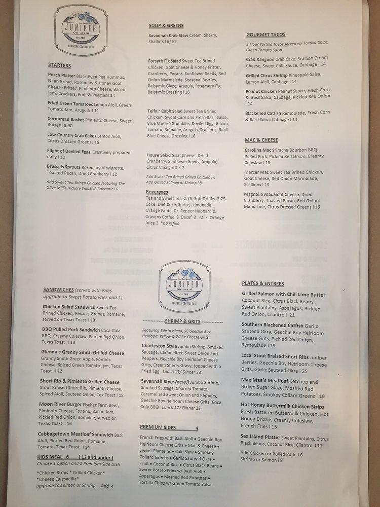 Menu at Juniper on Main restaurant, Carmel