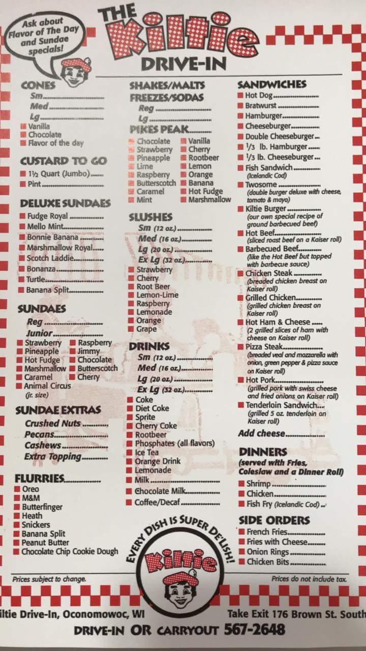 Menu at Kiltie Drive-In restaurant, Oconomowoc, N48W36154 E Wisconsin Ave