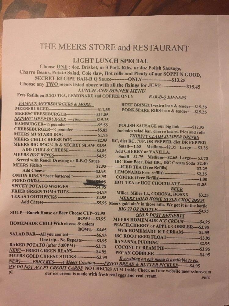 Menu at Meers Store and Restaurant, Meers