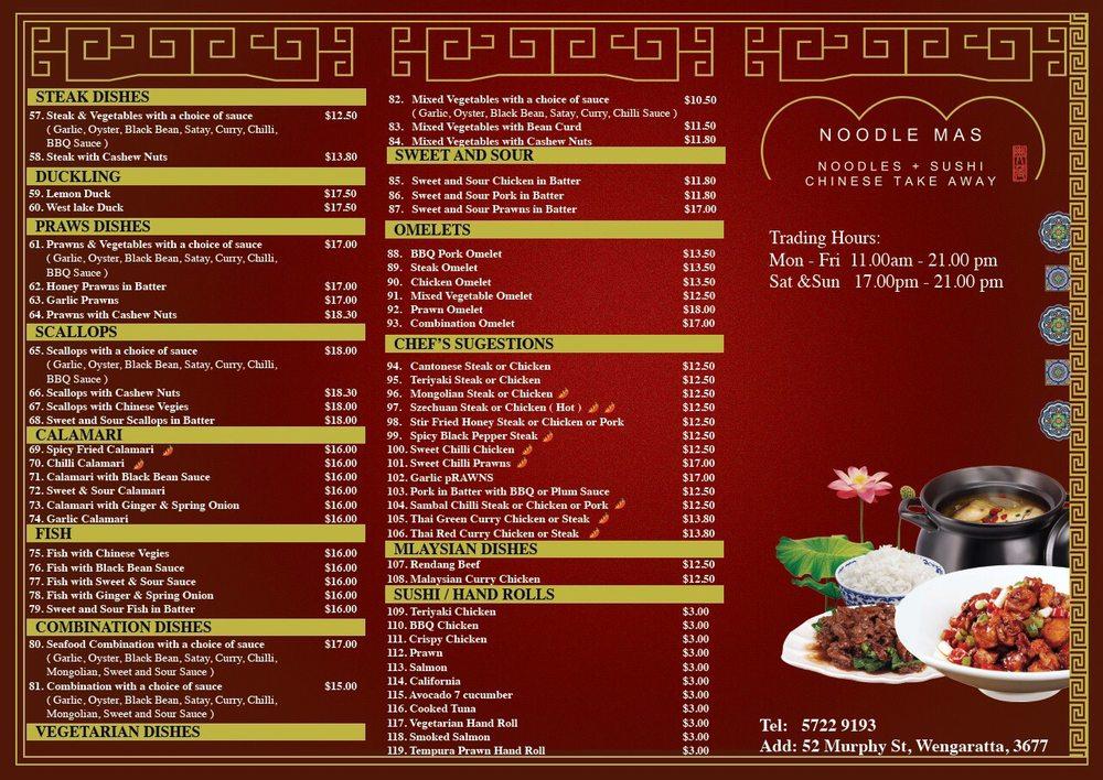 Menu at Noodle Mas fast food, Wangaratta