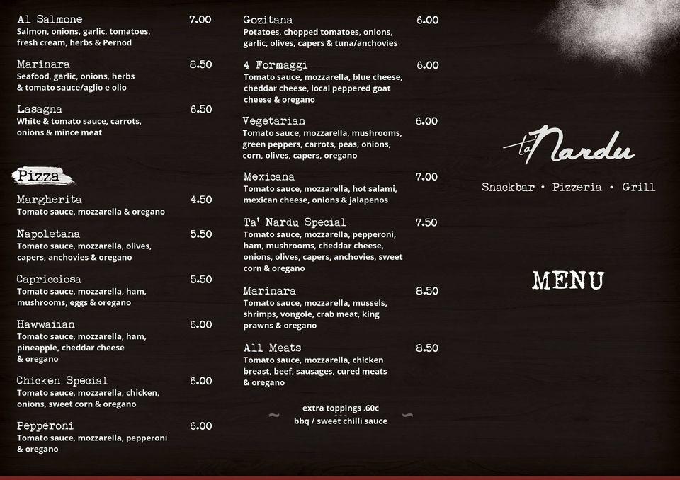 Menu at Ta' Nardu restaurant, Nadur