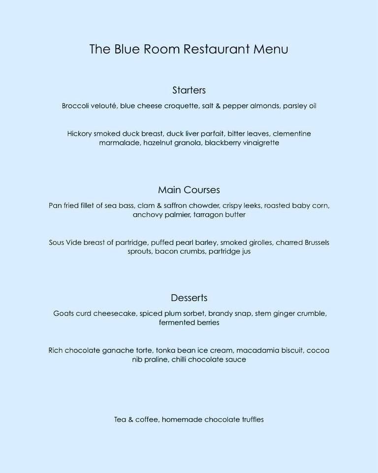 Menu at The Blue Room restaurant, London, Manwood Rd