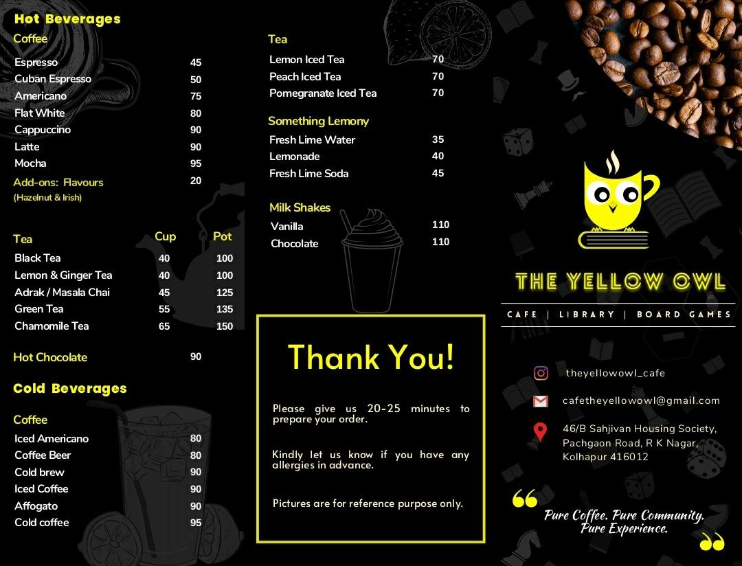 Menu at The Yellow Owl Cafe, Kolhapur