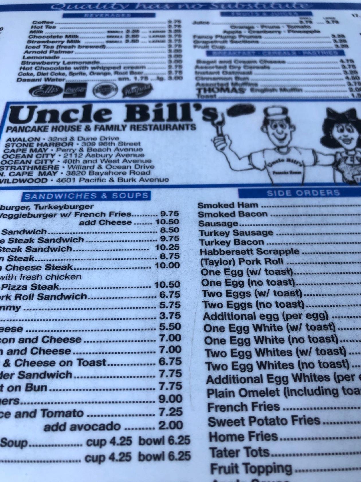 Menu at Uncle Bill's Pancake House restaurant, Cape May, 261 Beach Ave