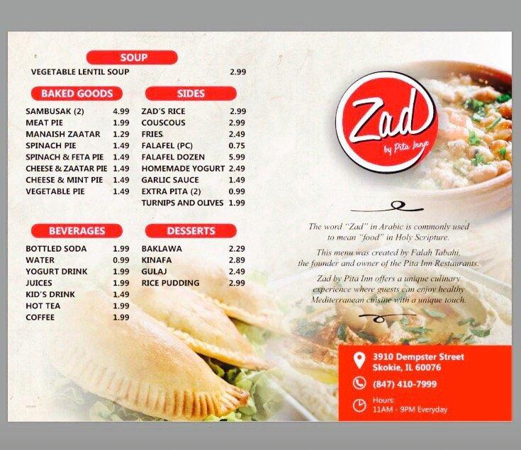 Menu at Zad by Pita Inn restaurant, Skokie, Dempster St