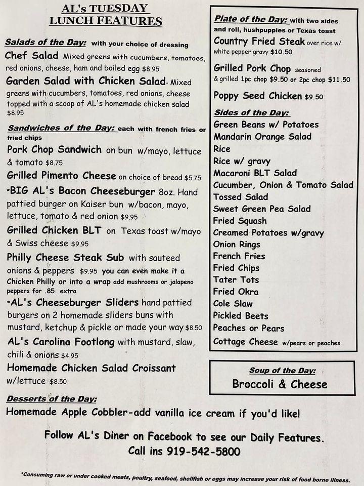 Menu at Al's Diner restaurant, Pittsboro