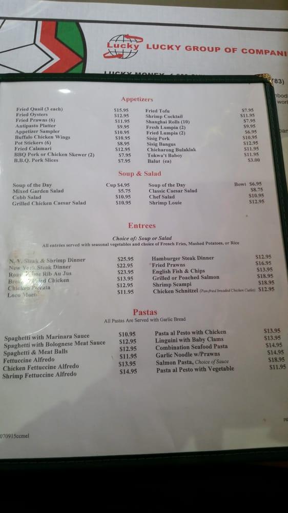Menu at Lucky Chances Casino restaurant, Colma