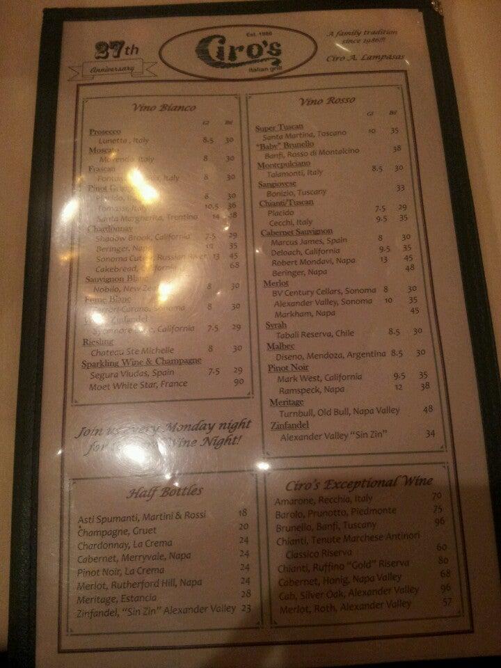 Menu at Ciro's restaurant, Houston