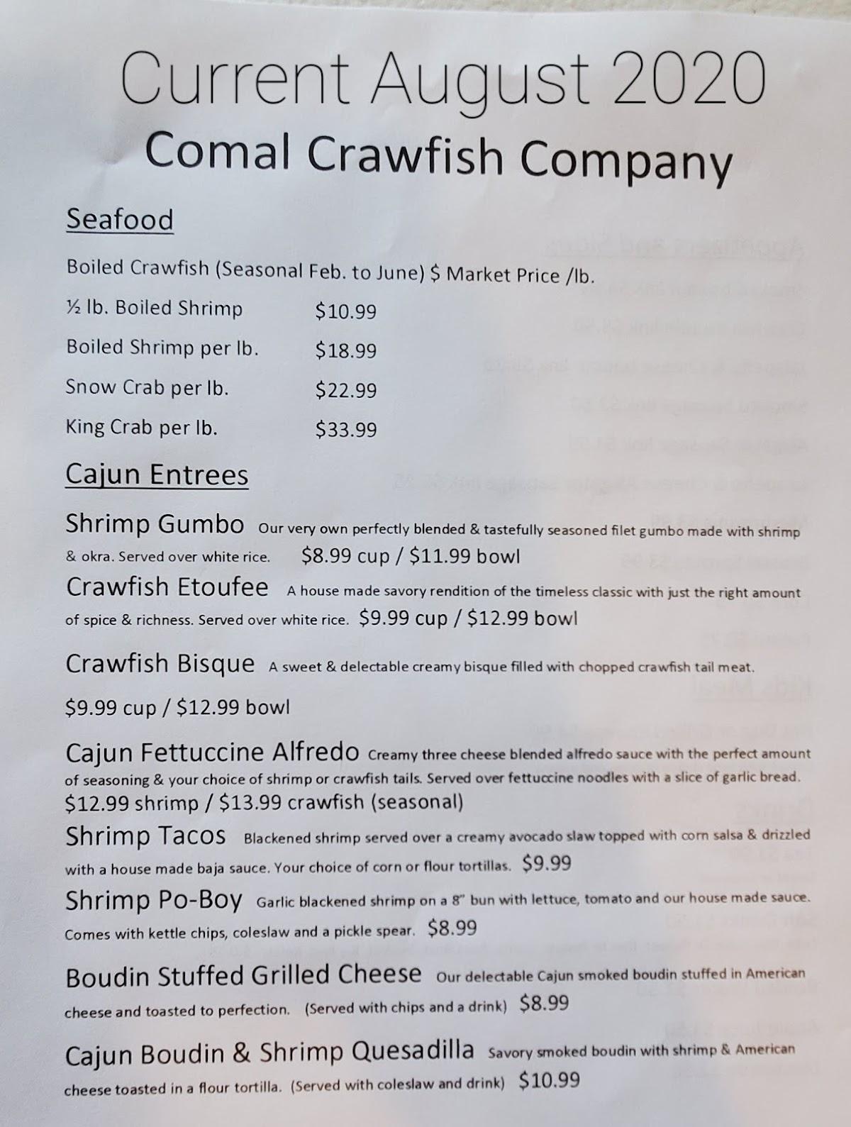 Menu at Comal Crawfish Company restaurant, New Braunfels, 311 FM306 #1B