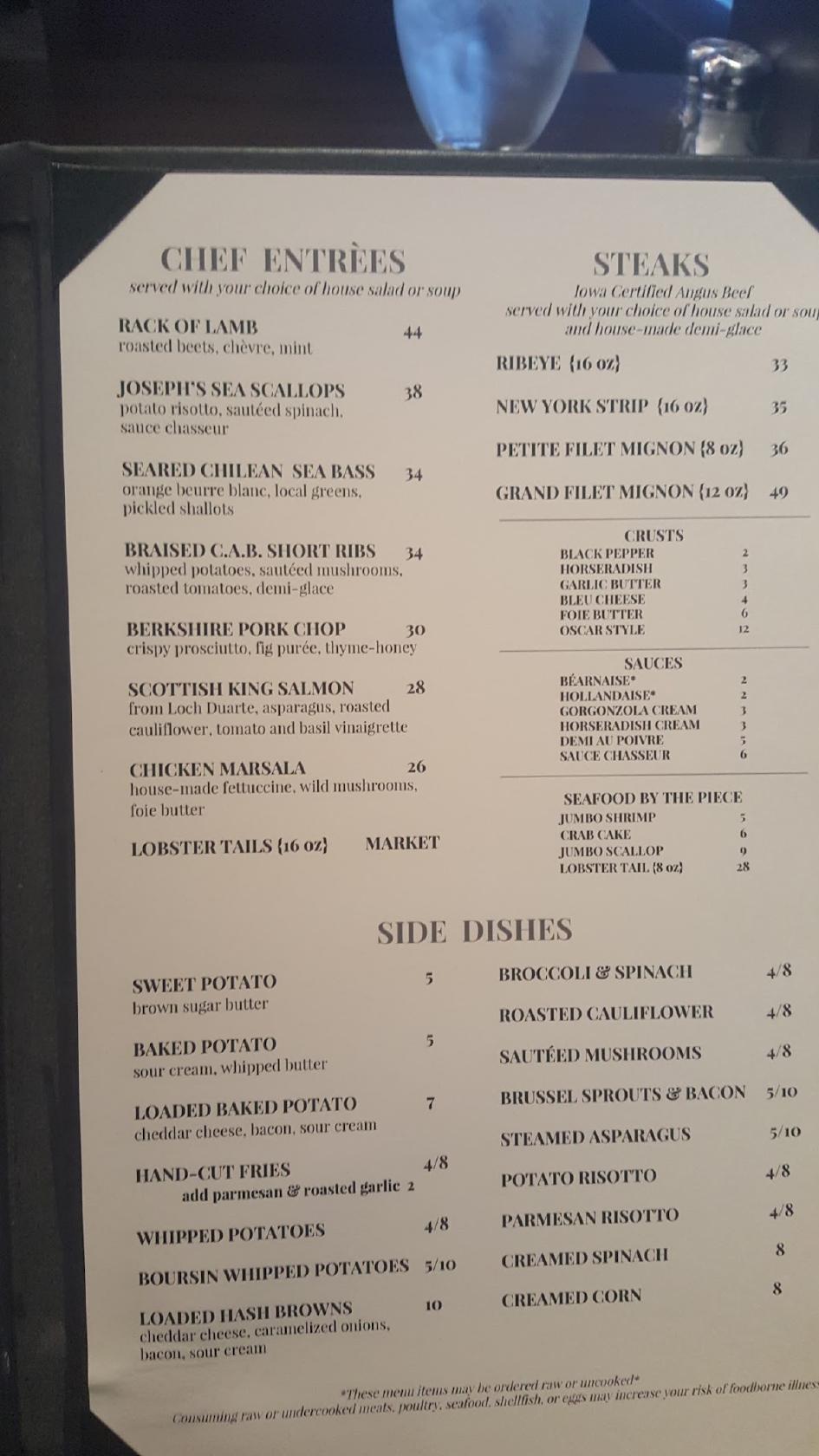 Menu at Joseph's Steakhouse, Iowa City
