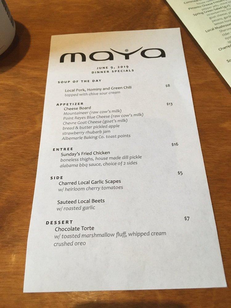 Menu at Maya pub & bar, Charlottesville