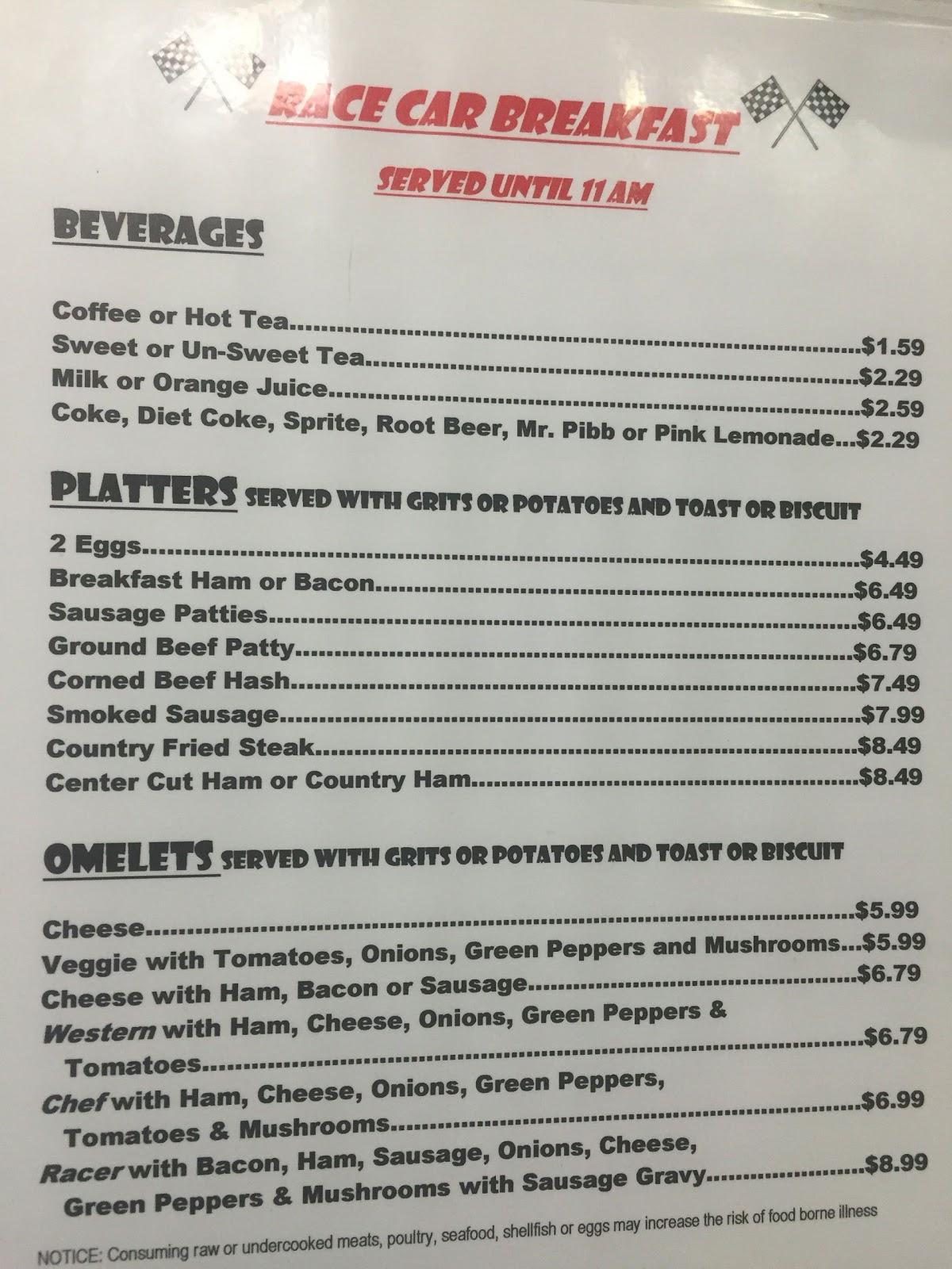 Carta del restaurante Race Car Diner, Astatula