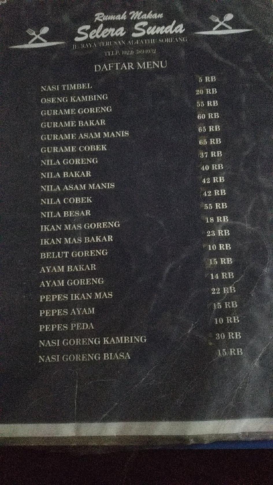 Menu at Selera Sunda restaurant, Bandung, XGCH+995