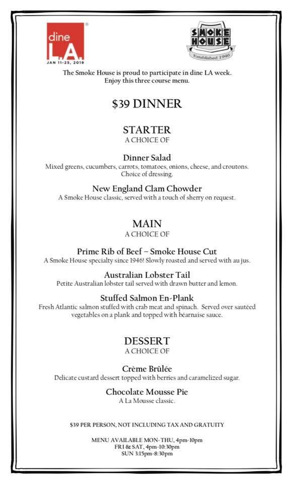 Menu at Smoke House Restaurant, Burbank