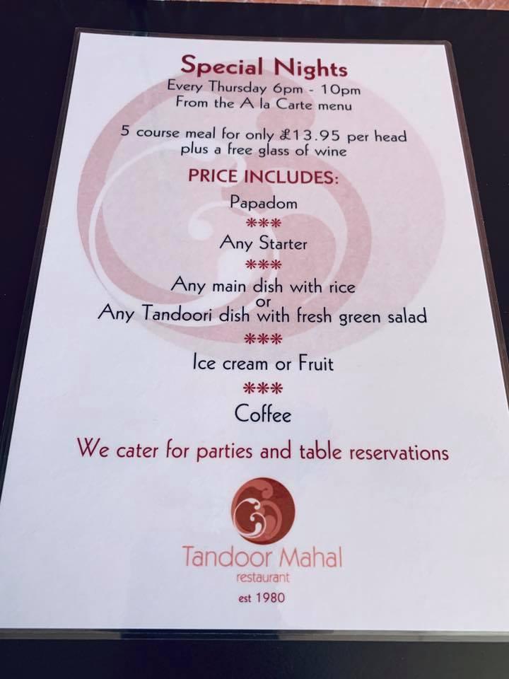 Menu at Tandoor Mahal Indian Restaurant, Morpeth
