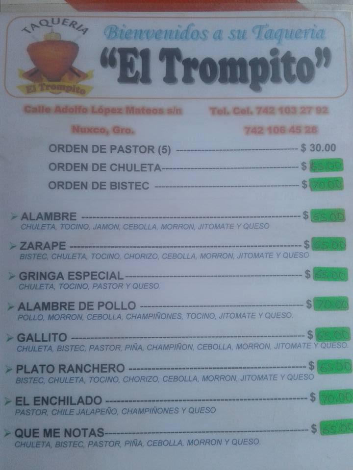Carta del restaurante El Trompito del tecpan, Técpan del Galeana