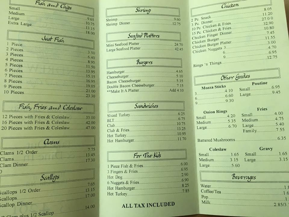 Menu at Andrew's Fish & Chips restaurant, Miramichi