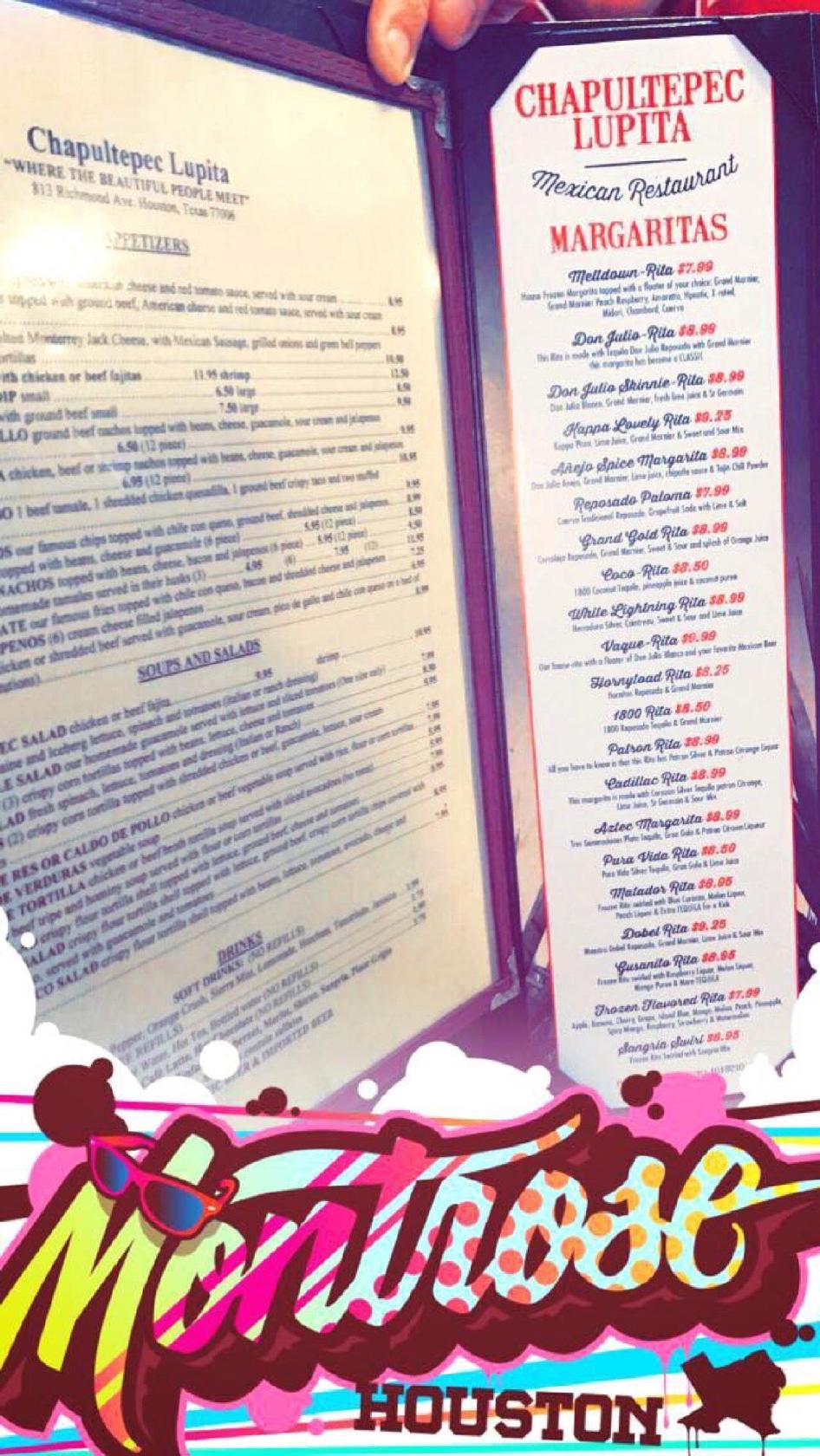Menu at Chapultepec Lupita restaurant, Houston