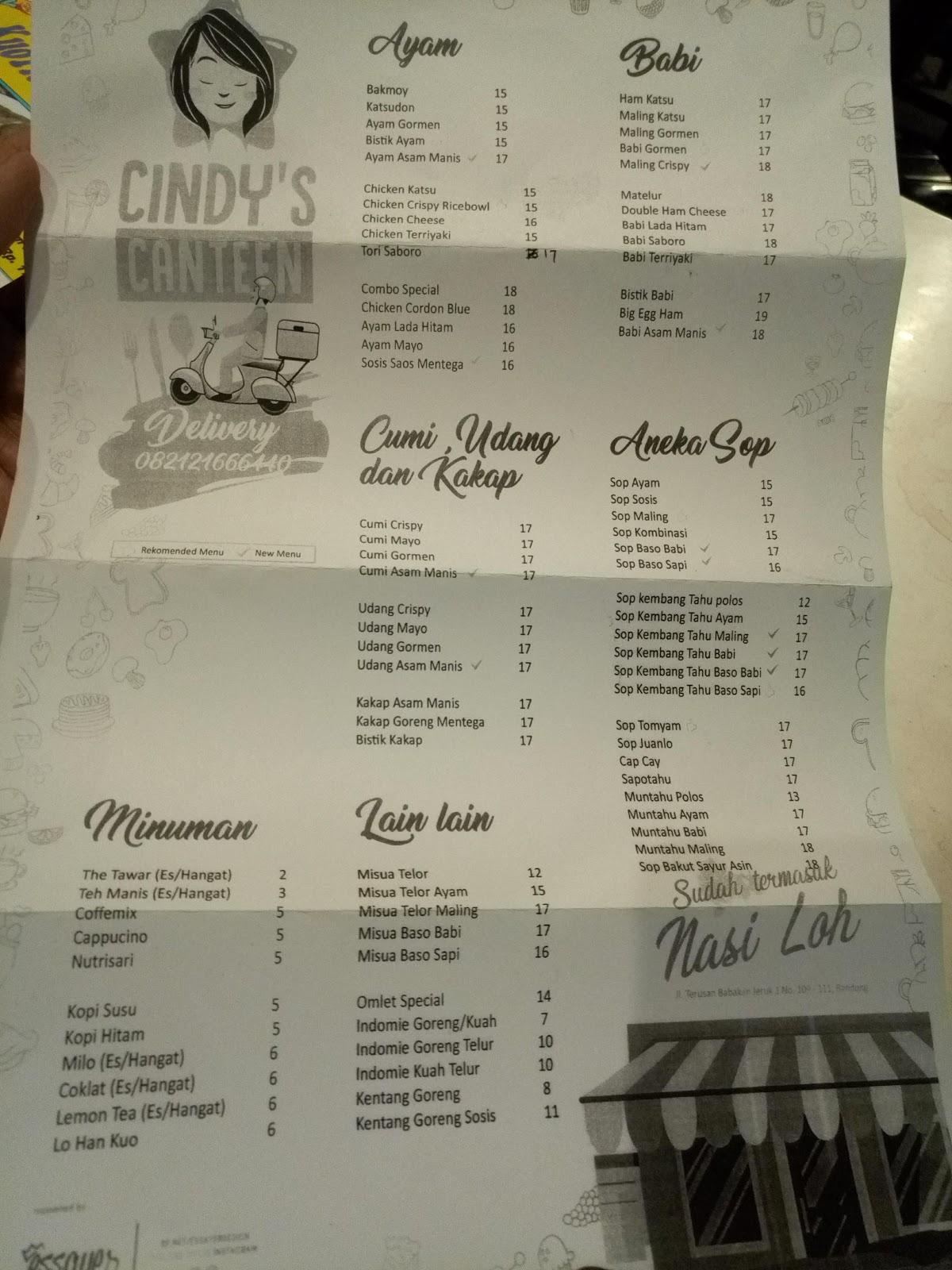 Menu at Cindy's Canteen restaurant, Bandung