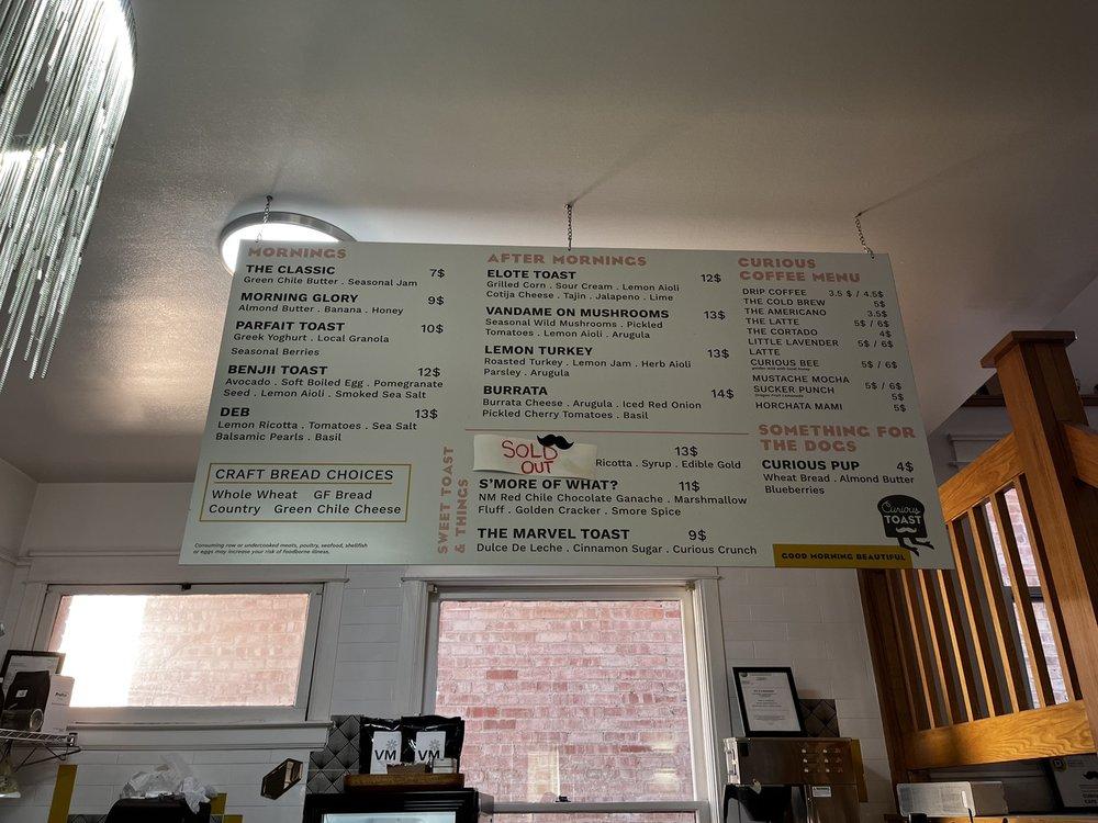 Menu at Curious Toast Cafe, Albuquerque