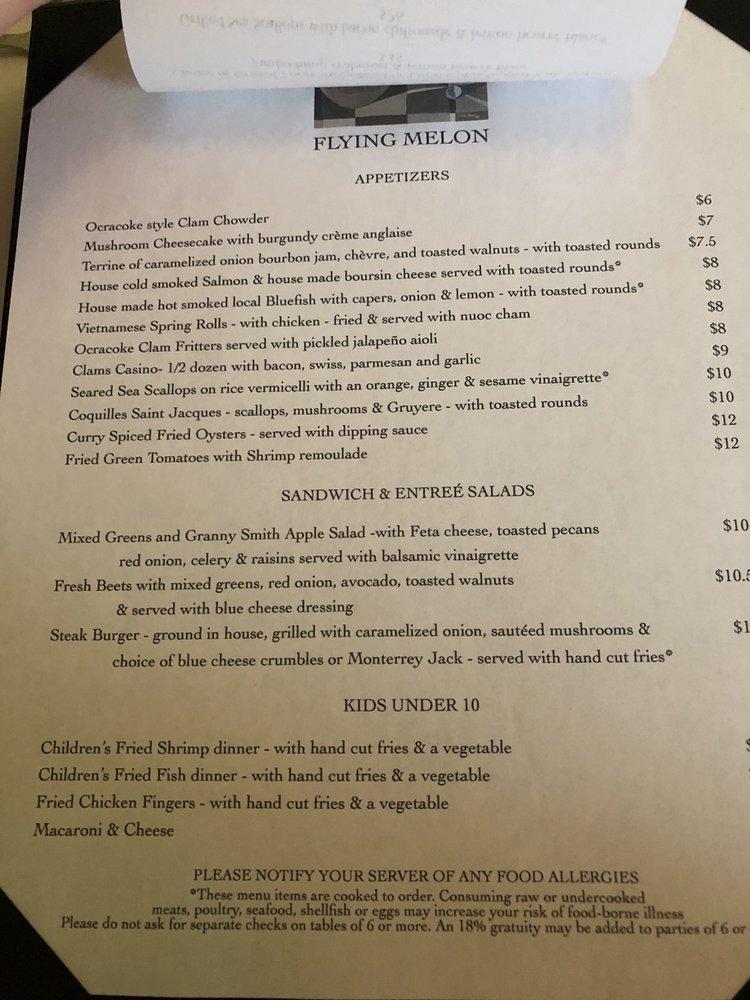 Menu at Flying Melon restaurant, Ocracoke