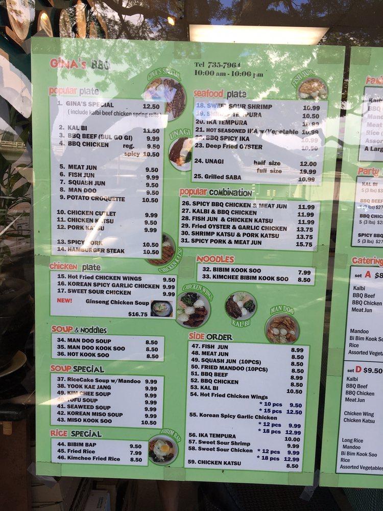 Menu at Gina's Barbeque, Honolulu, Kapiolani Blvd