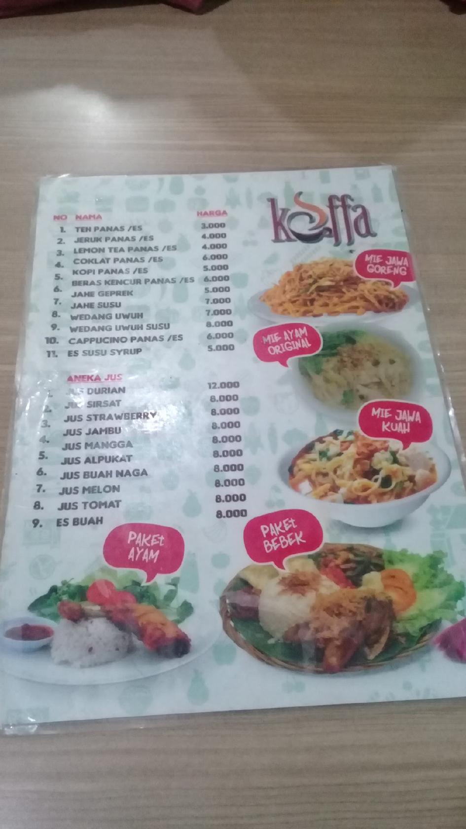 Menu at Kaffa Arafah cafe, Grogol