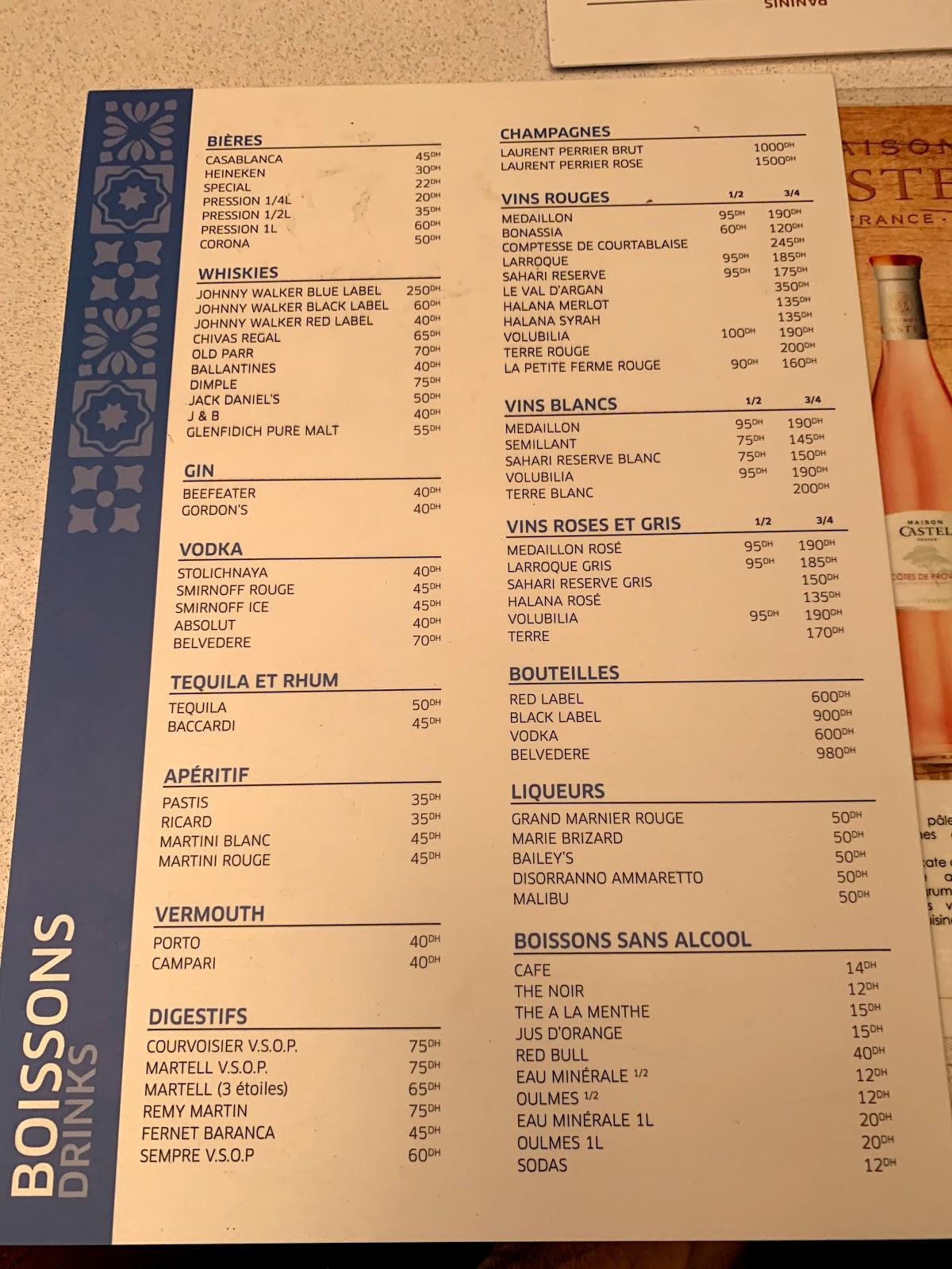 Speisekarte von Les Deux Palais restaurant, Rabat