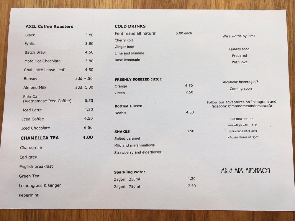 Menu at Mr & Mrs Anderson ( changed to Daikokuten cafe), Hawthorn East