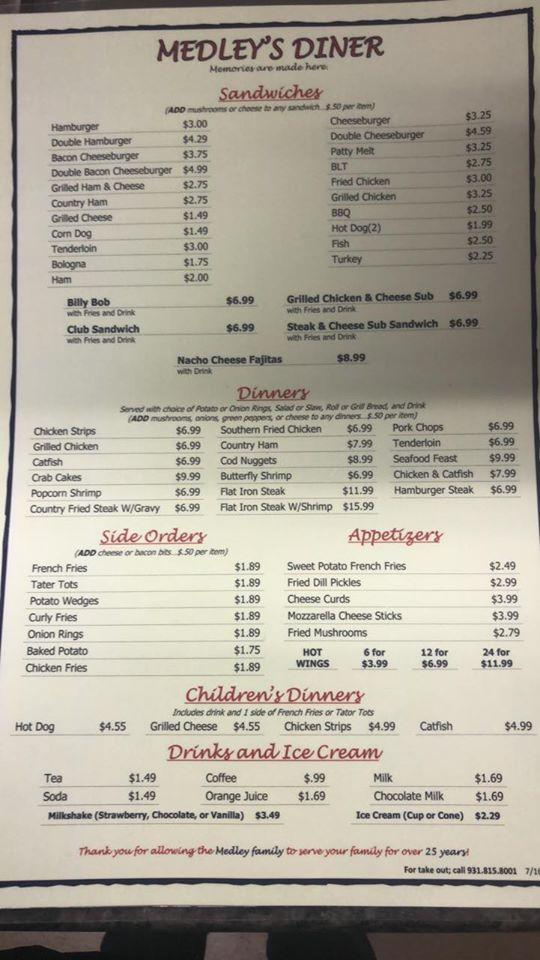Menu at Medley's Diner restaurant, Morrison, 7783 Manchester Hwy