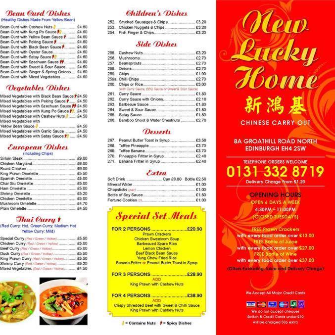 Menu at New Lucky Home fast food, Edinburgh