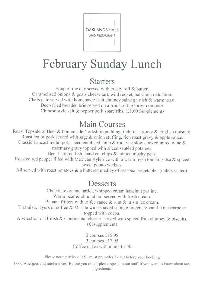 Menu at Oaklands Hall restaurant, Hyde