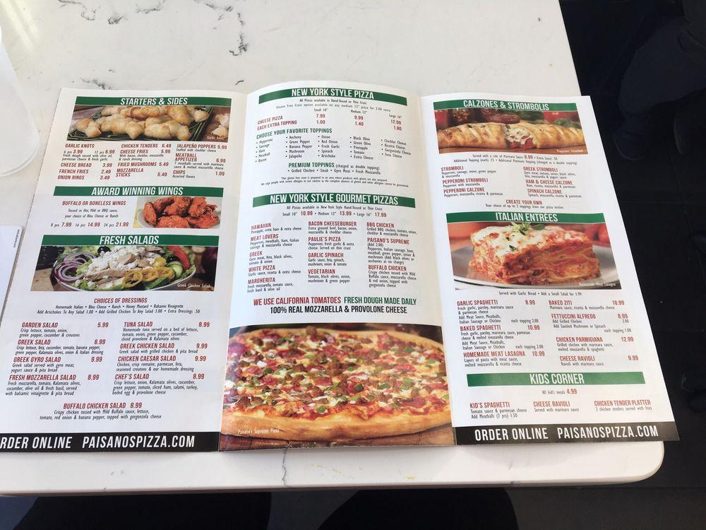 Menu at Paisano's pizzeria, Fredericksburg