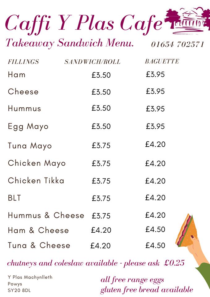 Menu at Caffi Y Plas cafe, Machynlleth