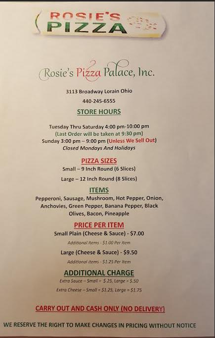 Menu at Rosie's Pizza Palace pizzeria, Lorain