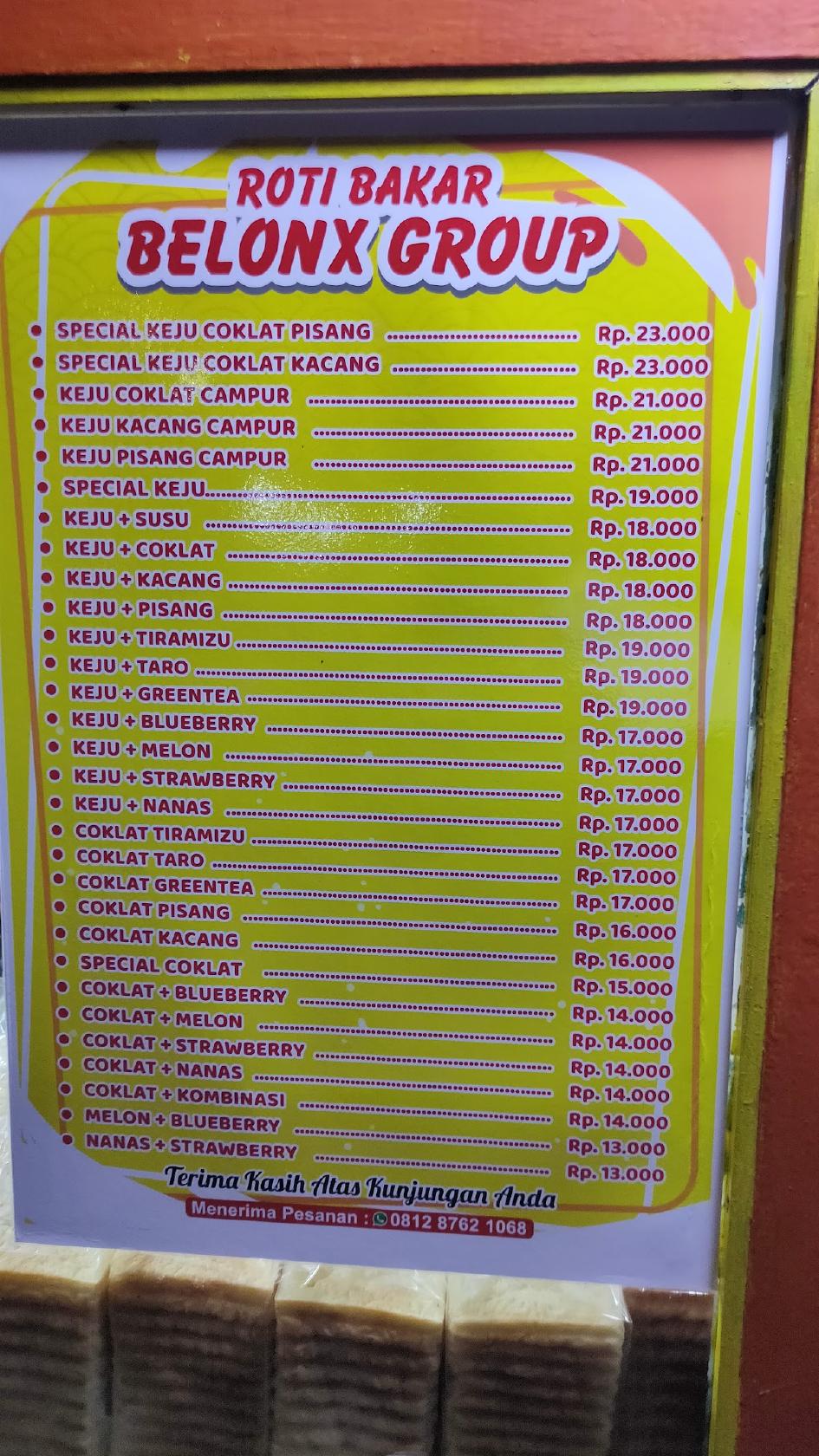 Menu at Roti Bakar Belonx restaurant, Purwokerto