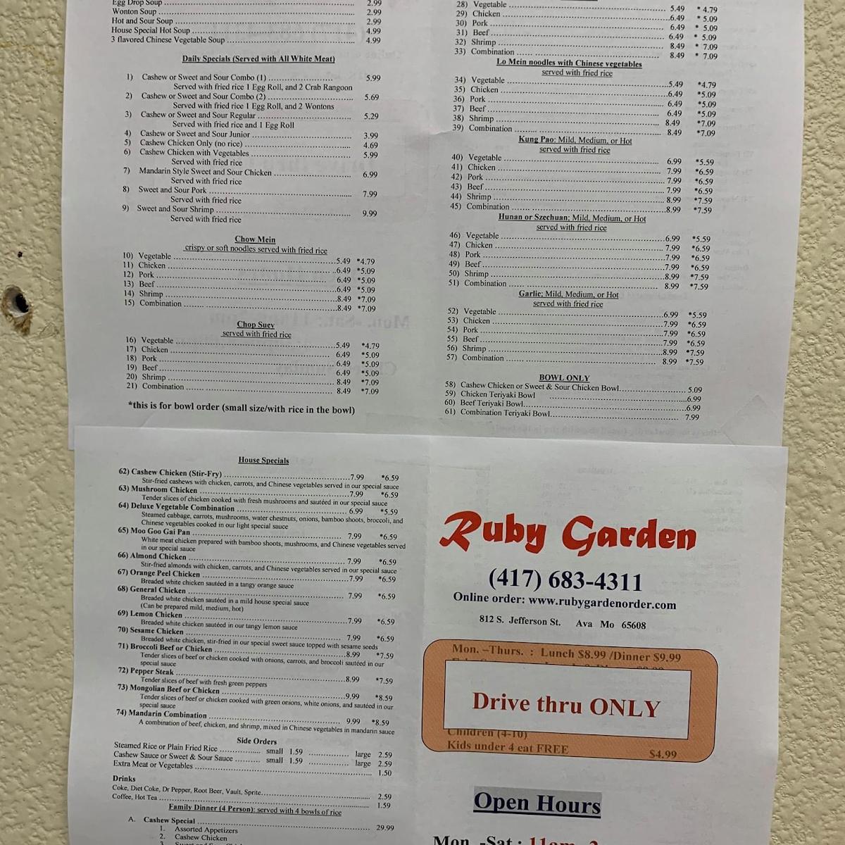 Menu at Ruby Garden restaurant, Ava