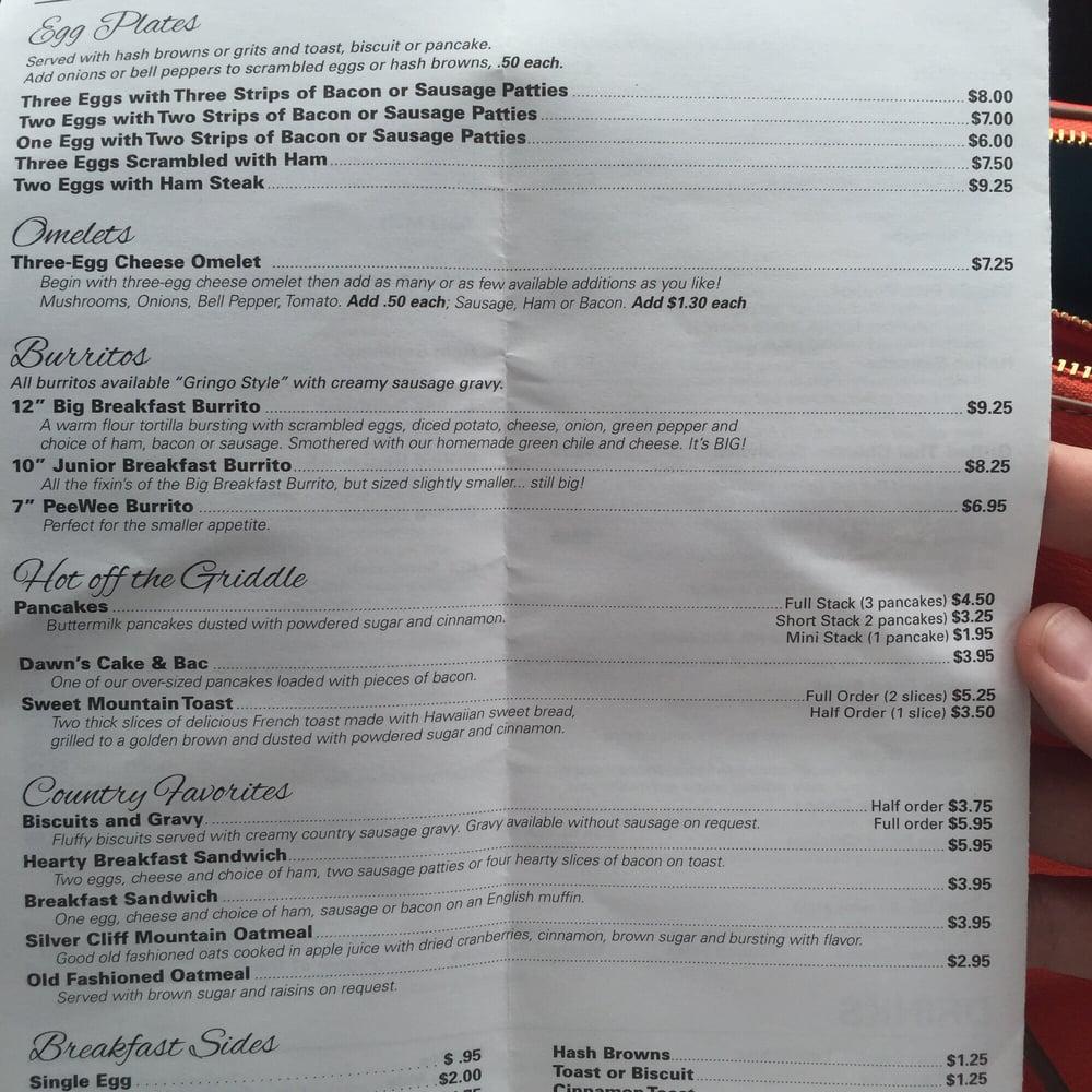 Menu at Silver Cliff Mountain Inn restaurant, Silver Cliff