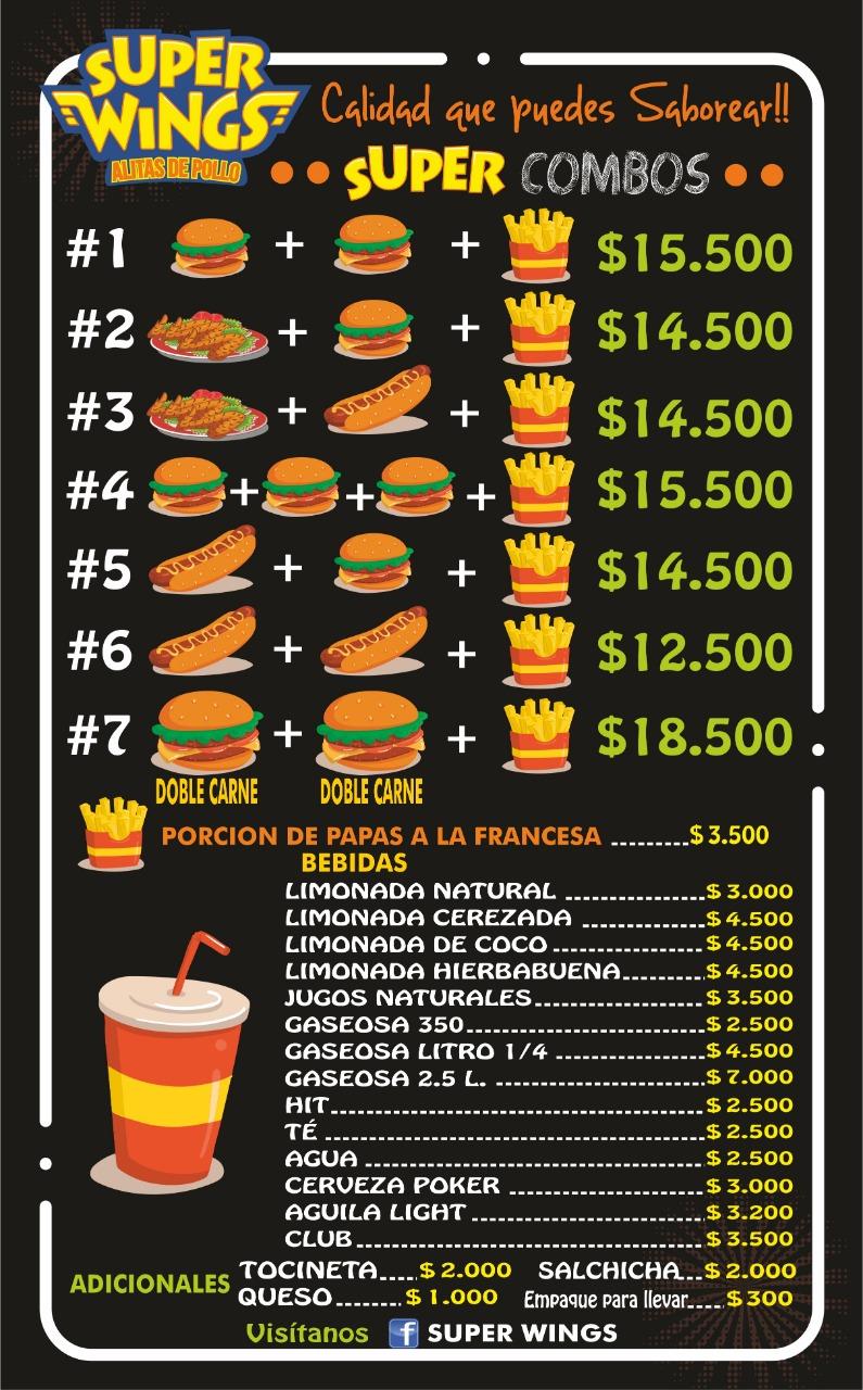 Menu at Super Wings restaurant, Ibagué, #8b-2 a Calle 77 #8b-24