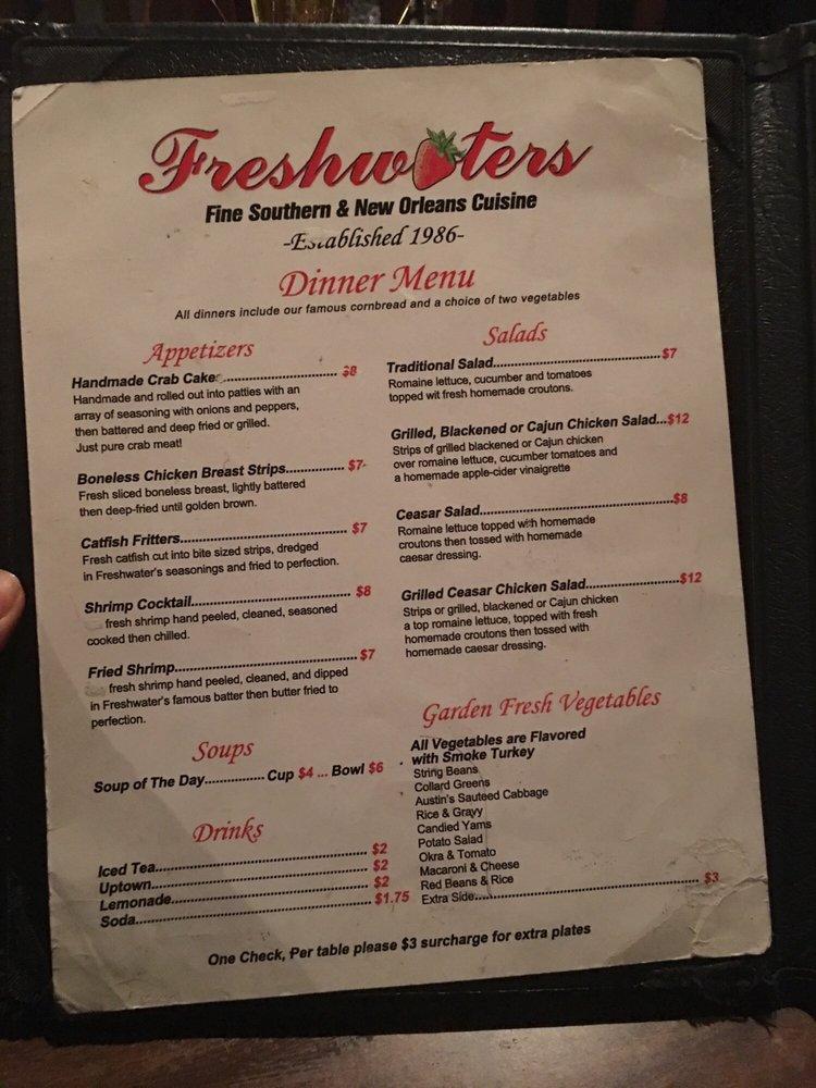 Menu at Freshwaters Southern New Orleans restaurant, Charlotte